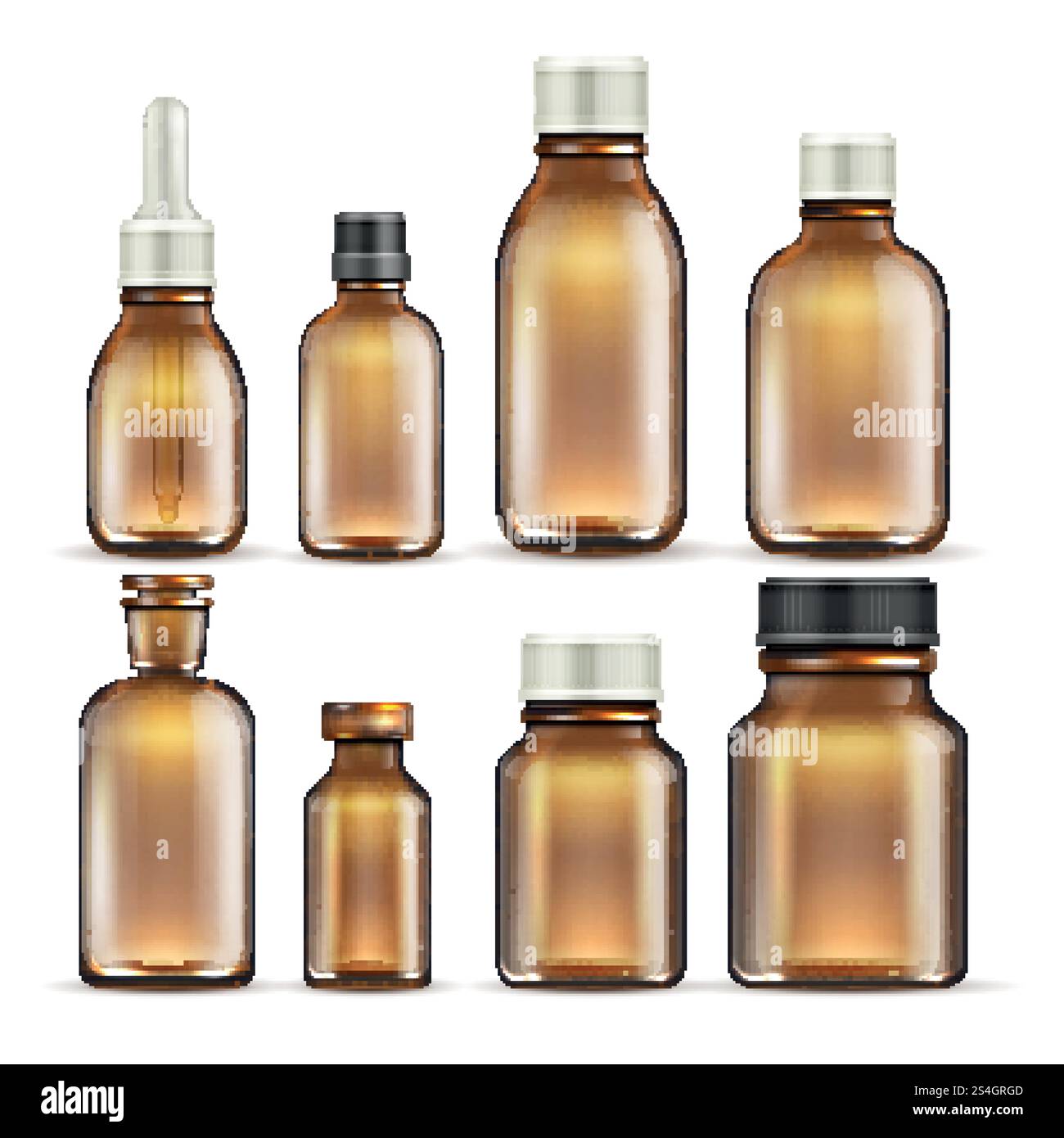 Realistic brown glass medicine and cosmetic bottles, medical packaging ...