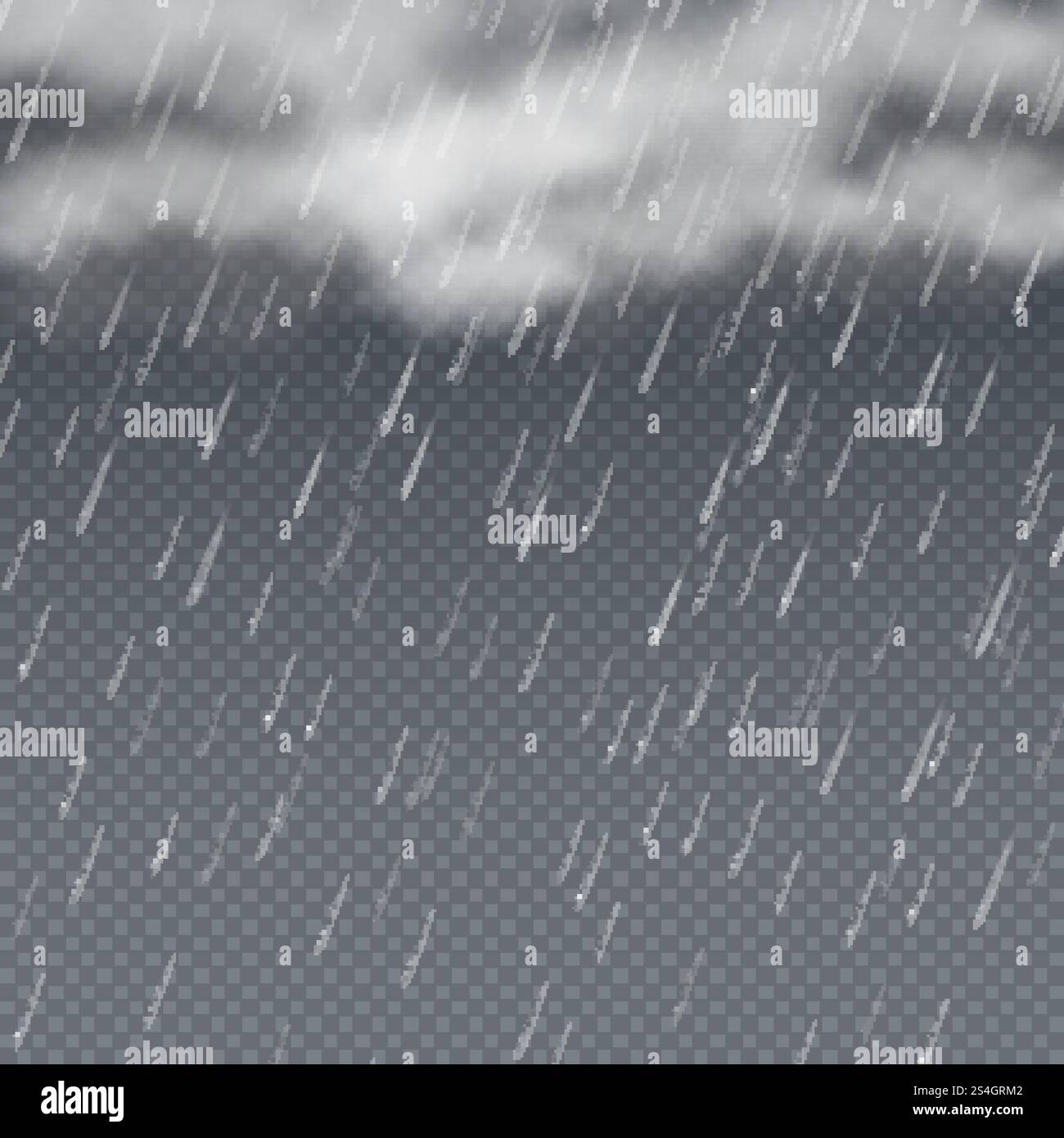 Rain vector 3d illustration with falling water drops and grey storm clouds. Raindrop weather ...