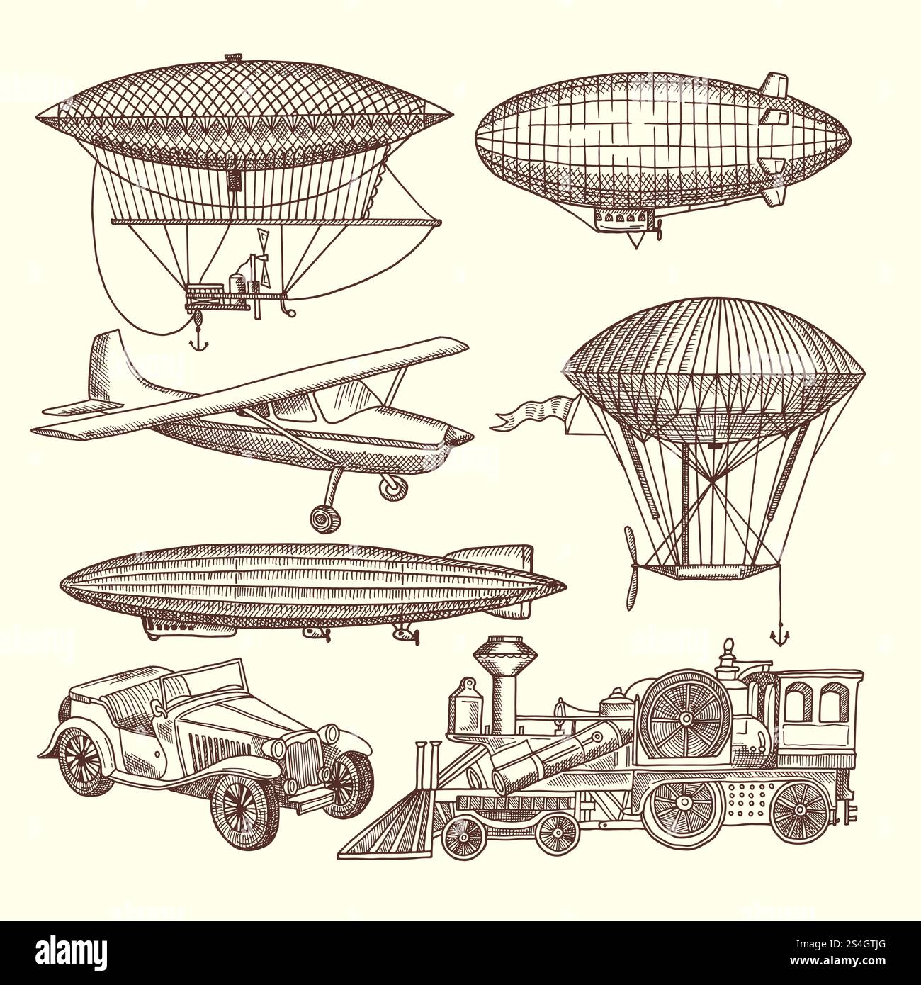 Illustrations set of machines in steampunk style. Vector transport ...