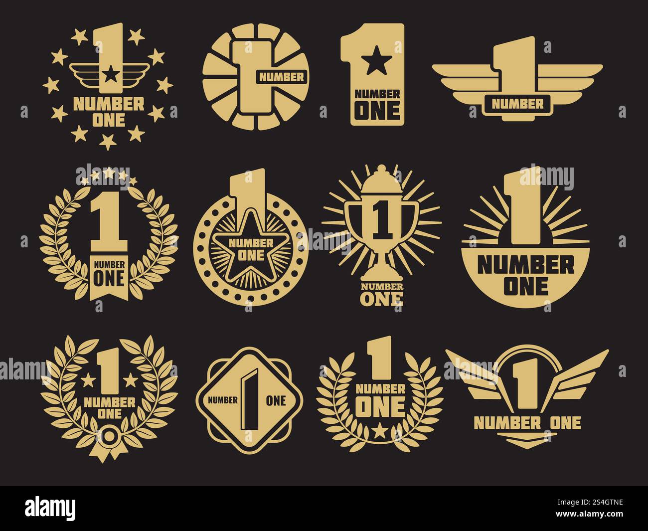 Golden number one retro corporate identity logos and labels on black ...