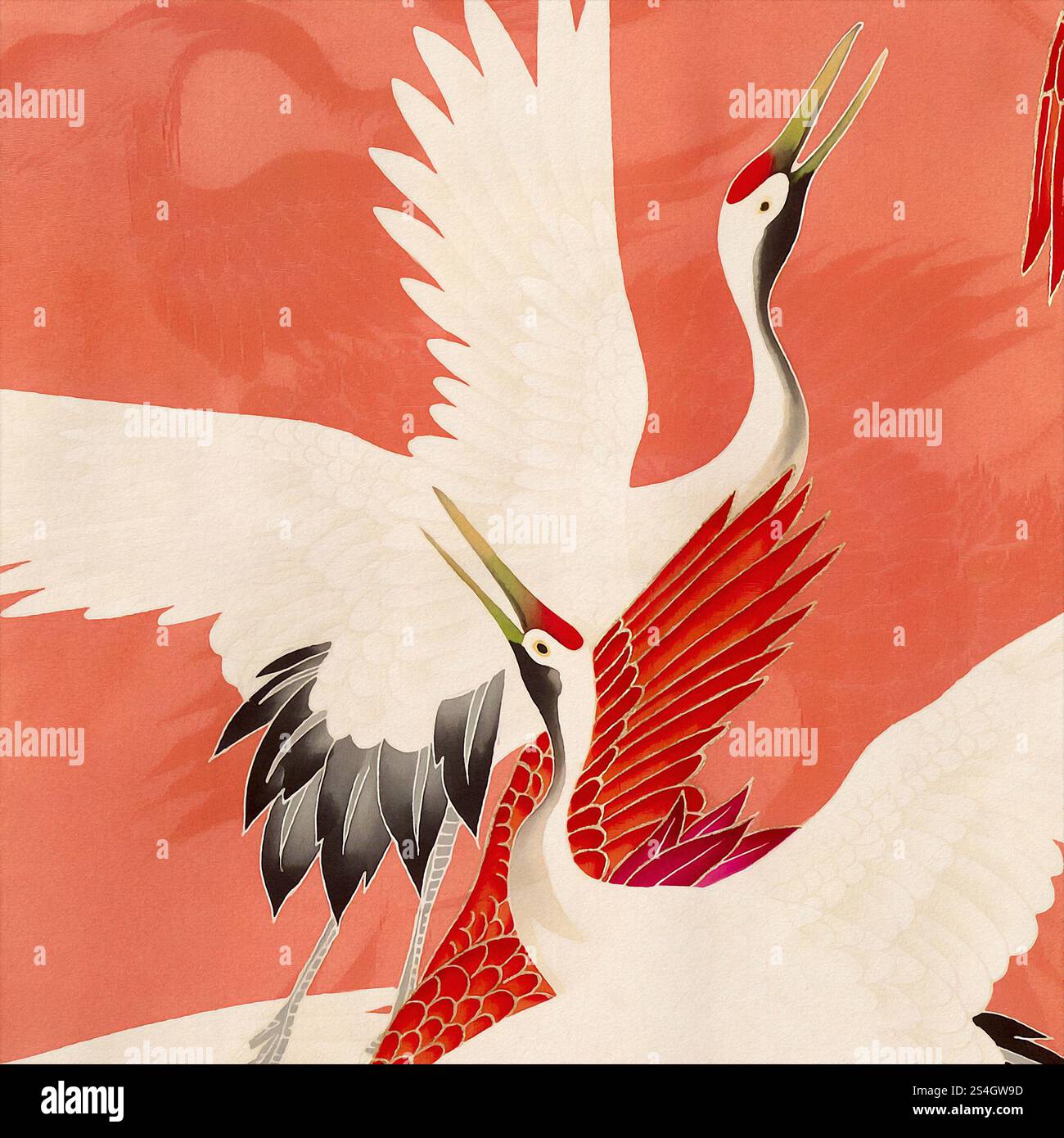 Japanese Cranes. White and red cranes flying over a vibrant and warm ...