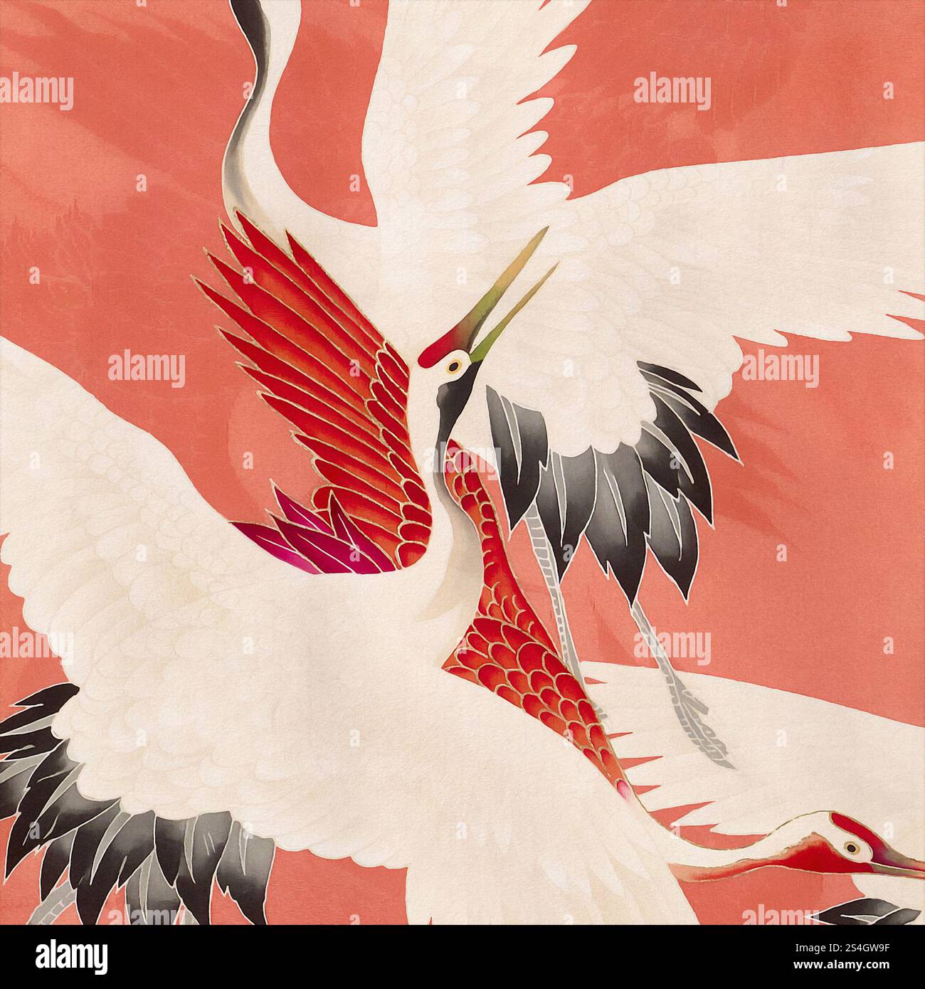 Japanese Cranes. White and red cranes flying over a vibrant and warm ...