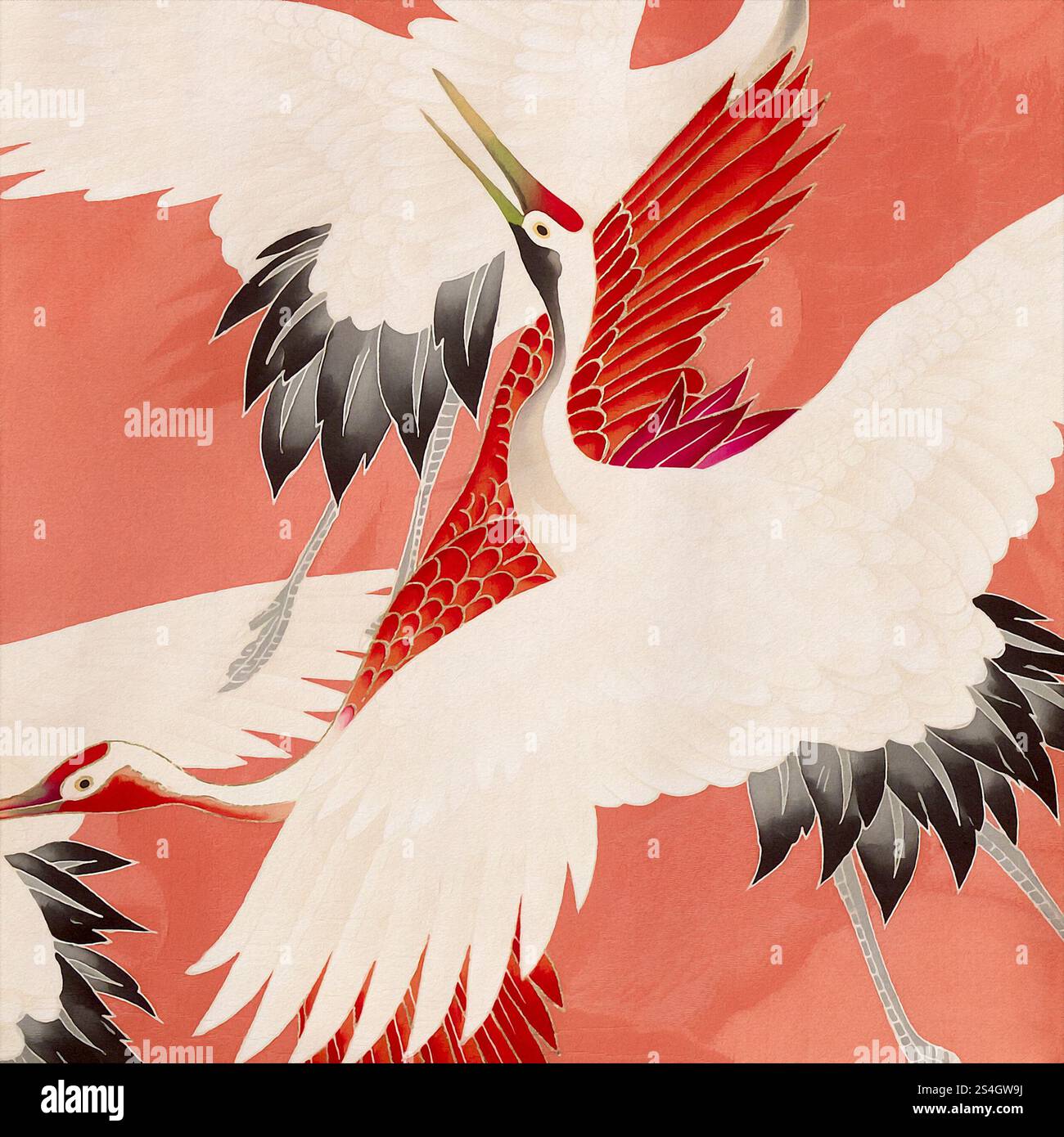 Japanese Cranes. White and red cranes flying over a vibrant and warm ...