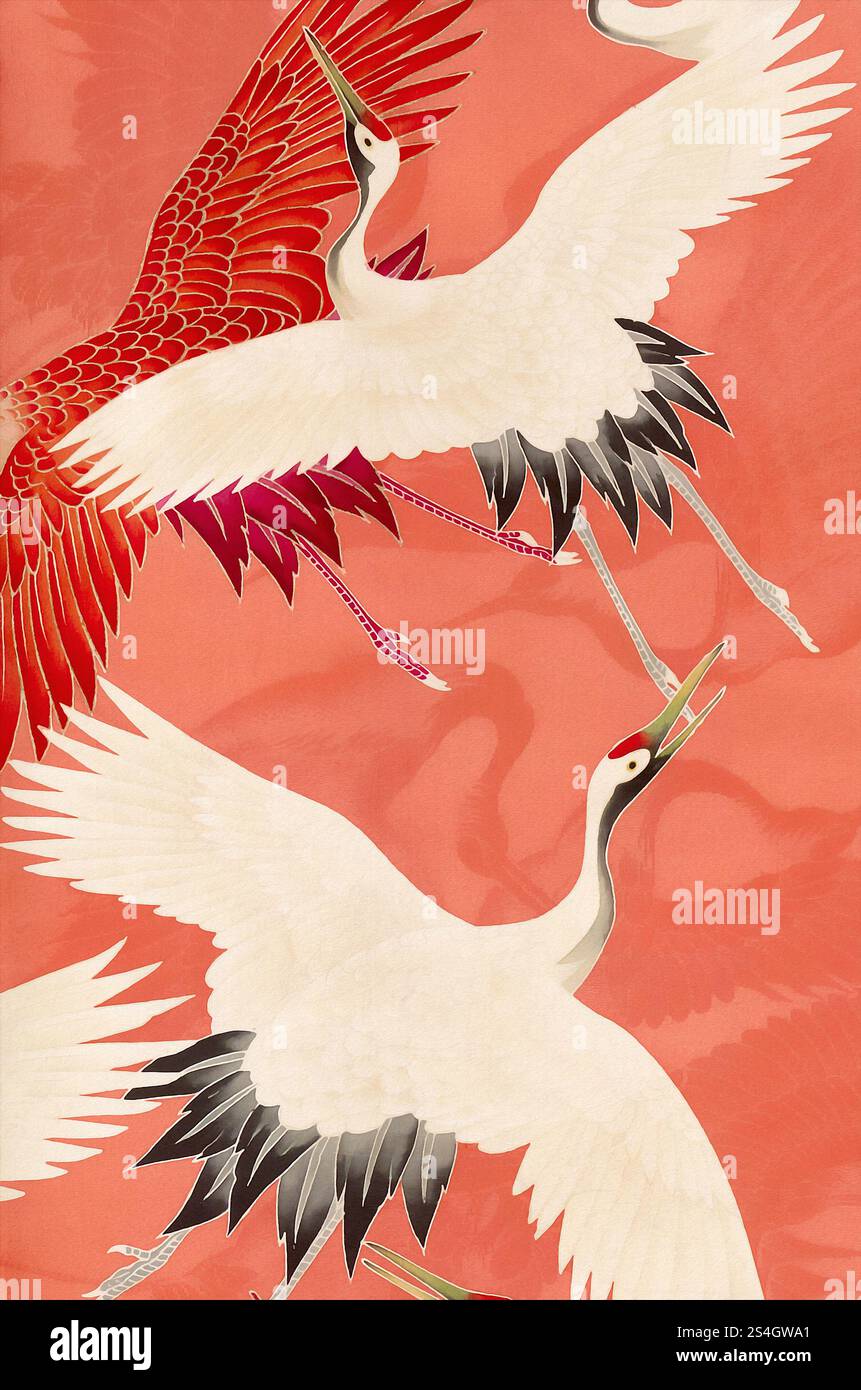 Japanese Cranes. White and red cranes flying over a vibrant and warm ...