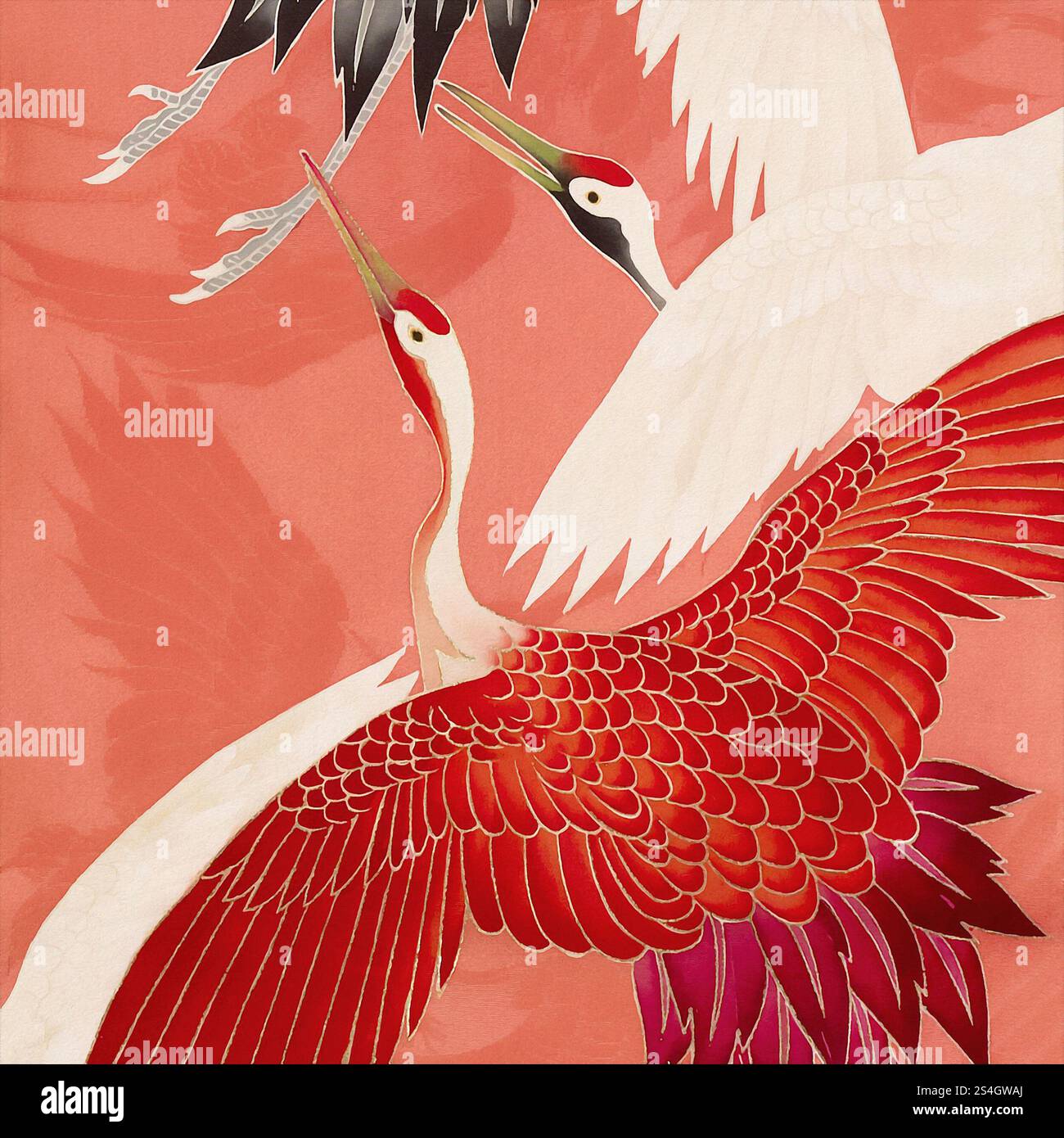 Japanese Cranes. White and red cranes flying over a vibrant and warm ...
