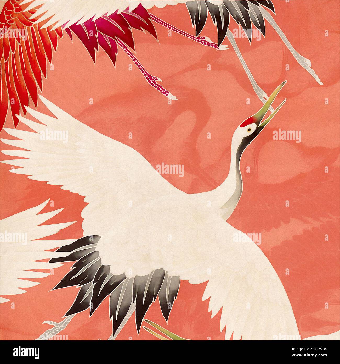 Japanese Cranes. White and red cranes flying over a vibrant and warm ...