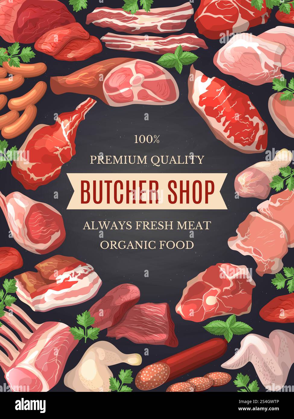 Food pictures set. Illustrations of meat. Poster for butcher shop with ...