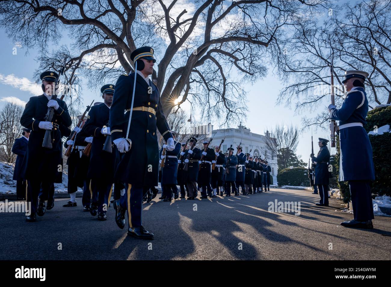 Members of the U.S. military Joint Honor Guard parade as they rehearse ...
