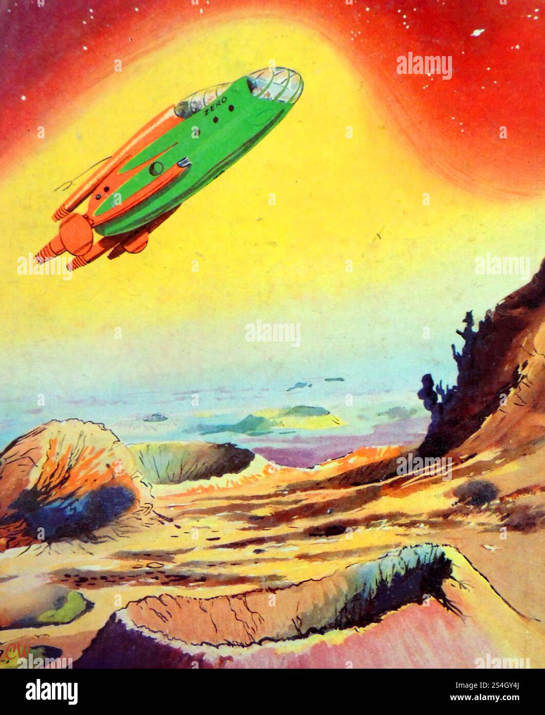 A 1950's comic book artist's impression of a space ship and planet in ...