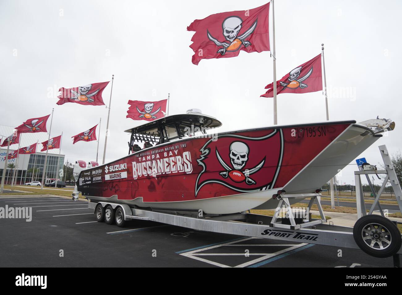 A boat with Tampa Bay Buccaneers signage at the Buccaneers headquarters ...