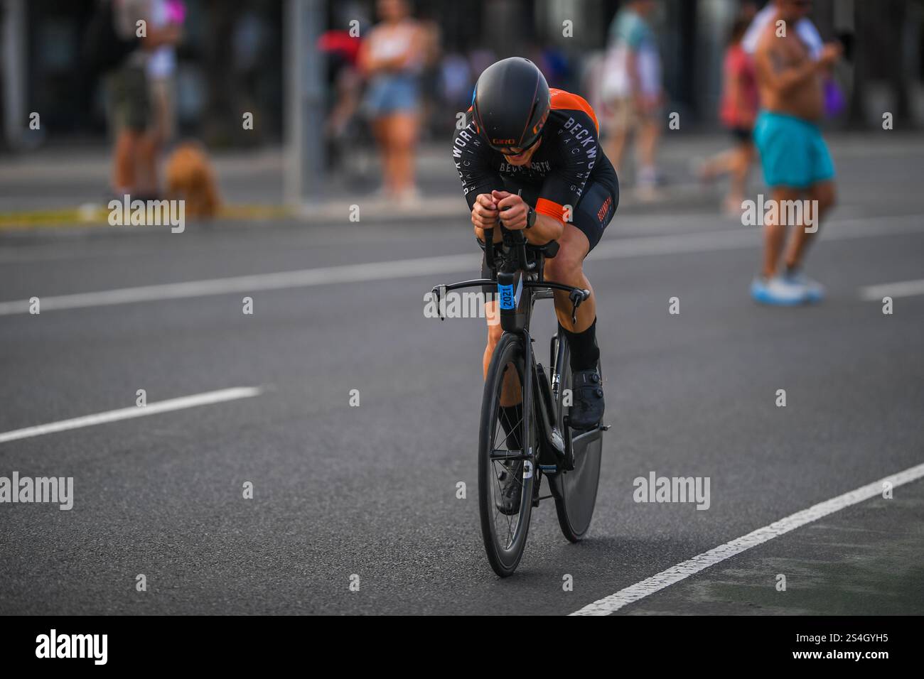 Melbourne, Australia. 12th Jan, 2025. Lachlan Wright is seen cycling ...
