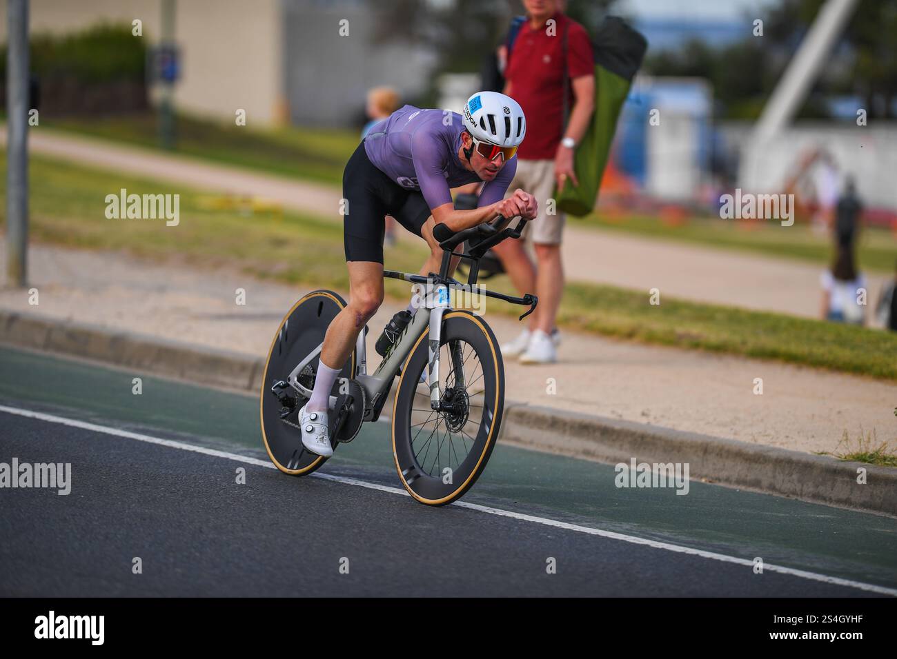 Melbourne, Australia. 12th Jan, 2025. Jimmy Whelan is seen cycling ...