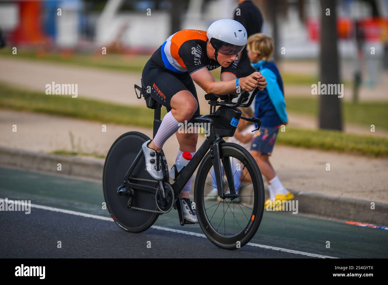 Melbourne, Australia. 12th Jan, 2025. James Bedford is seen cycling ...