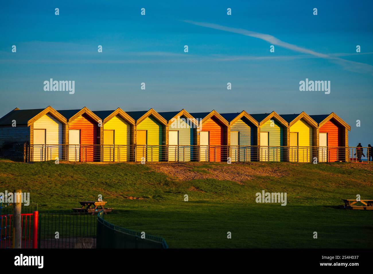 Beach Huts in the evening sunlight at Blyth, Northumberland Stock Photo ...