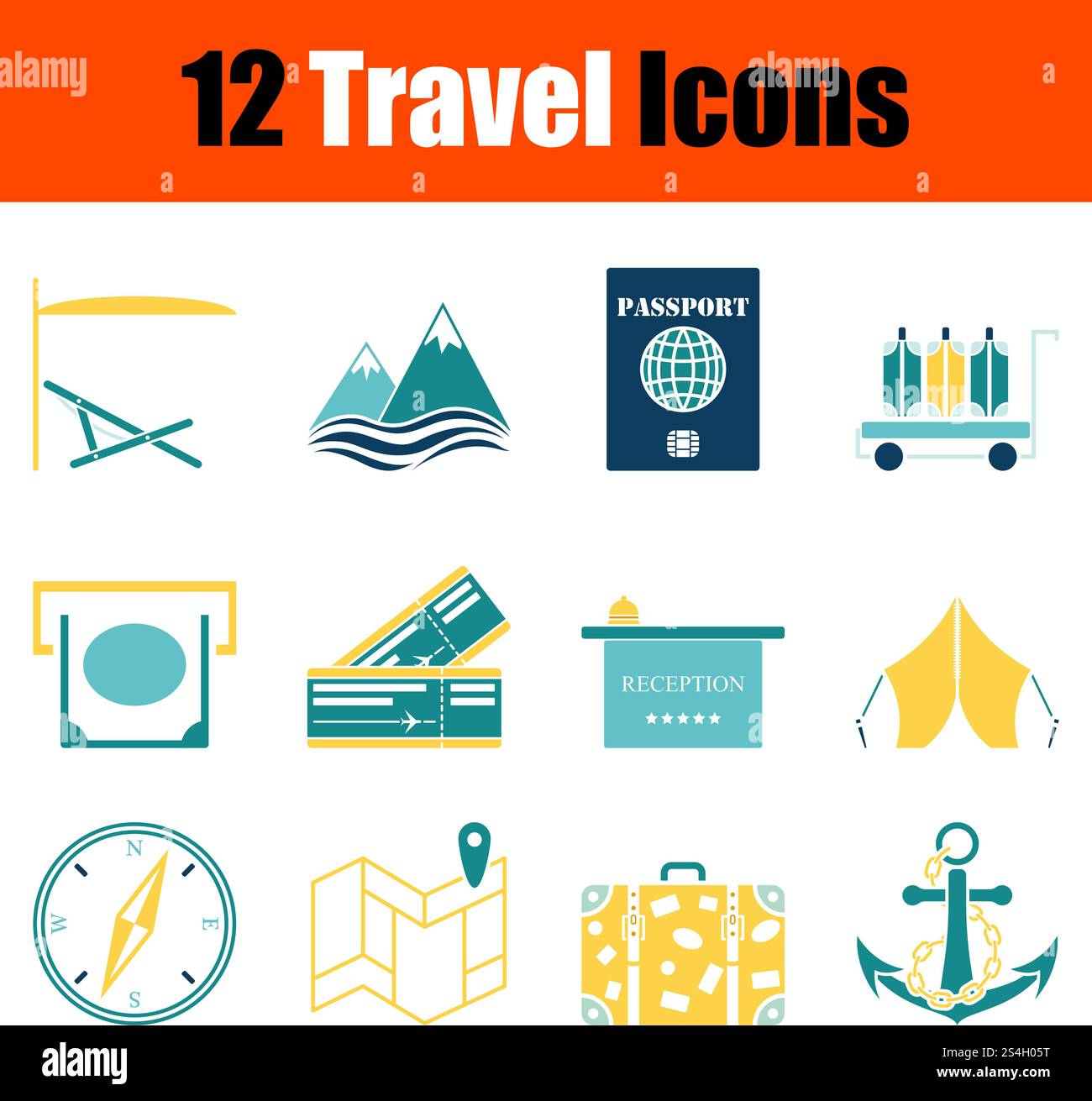 Travel Icon Set. Stencil in Blue and Yellow Tones Design. Vector ...