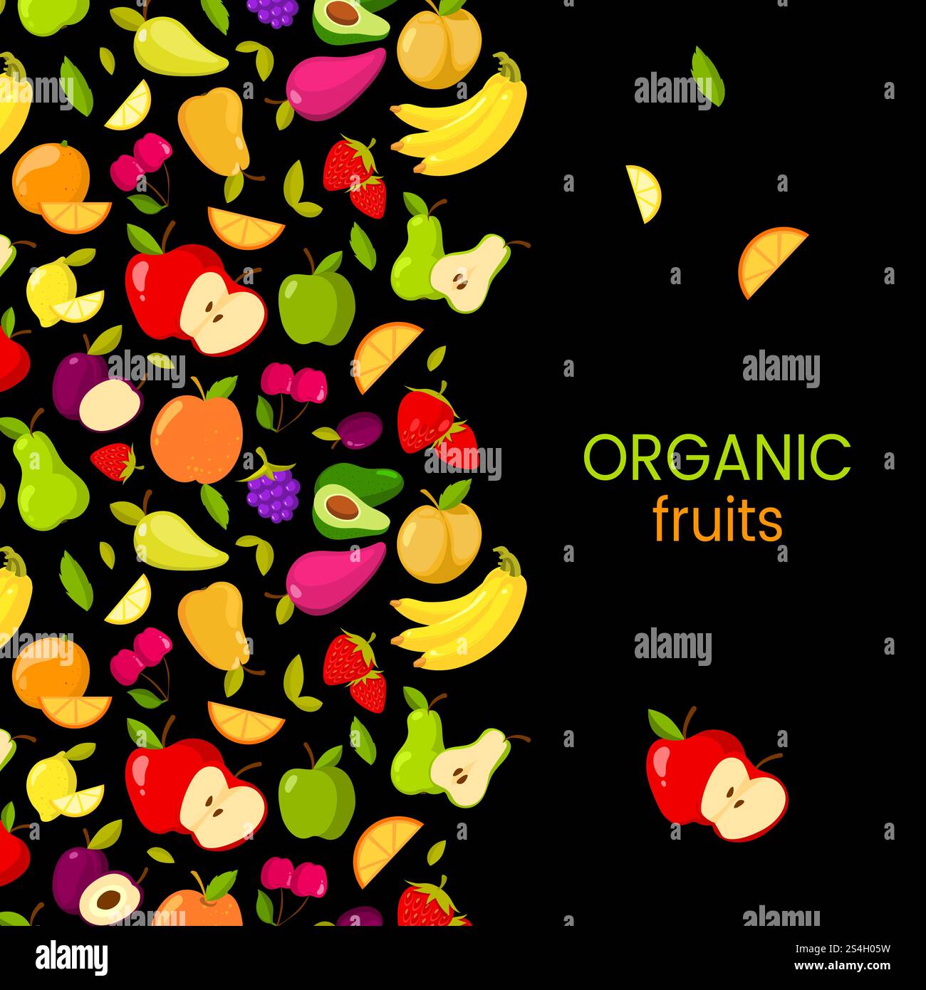 Vector fruits frame isolated on black background. Organic color fruits ...