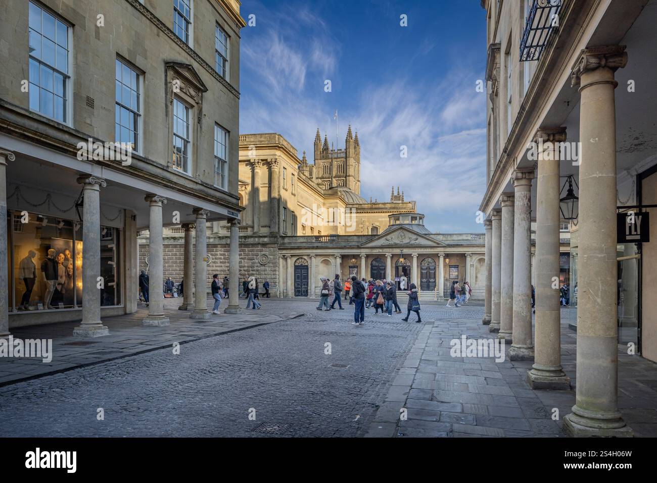 View from Bath Street towards the Pump Rooms and Bath Abbey in Bath, UK ...