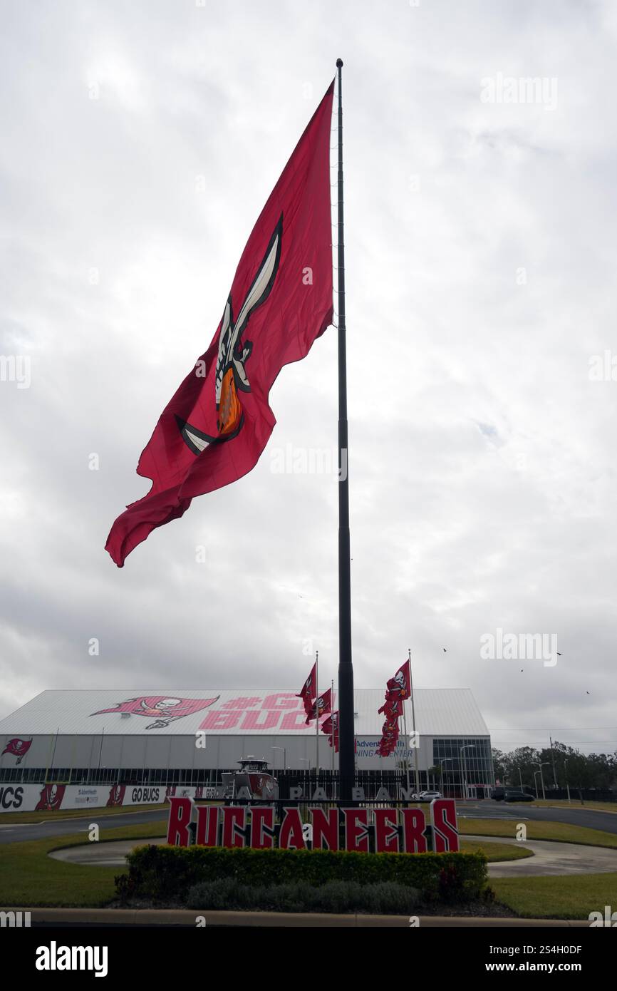 A Tampa Bay Buccaneers flag at the Buccaneers headquarters and practice ...