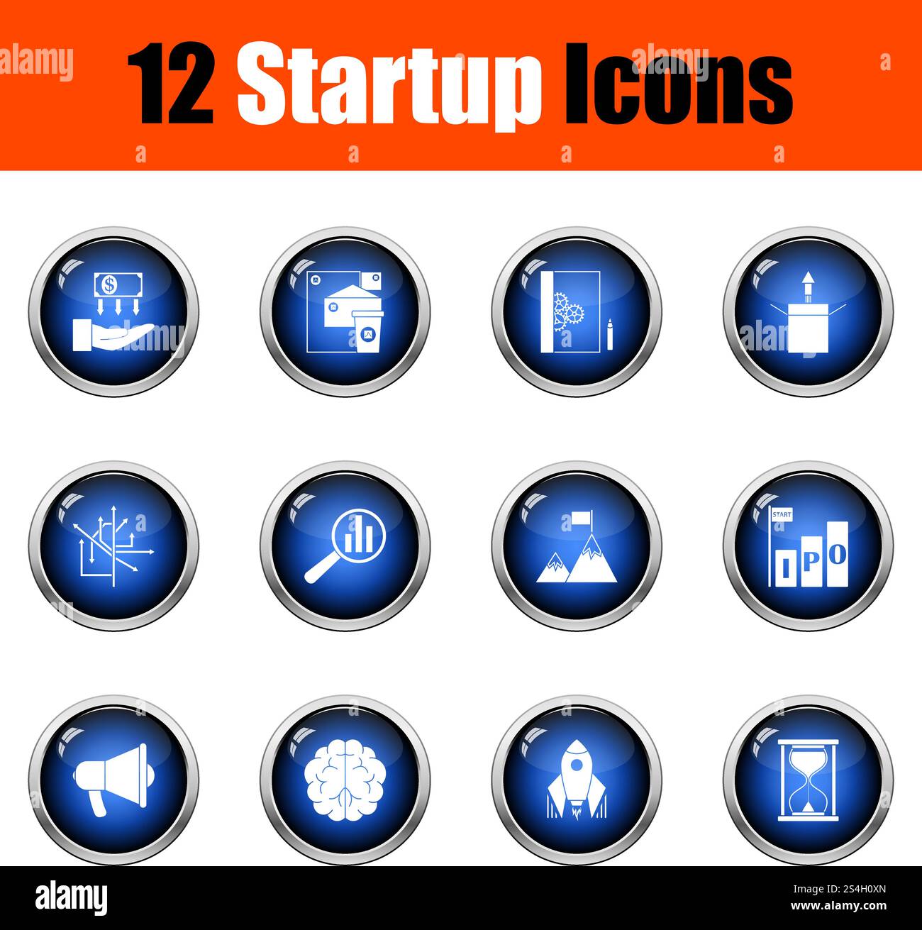 Set of 12 icons on Startup theme. Glossy Button Design. Fully editable ...