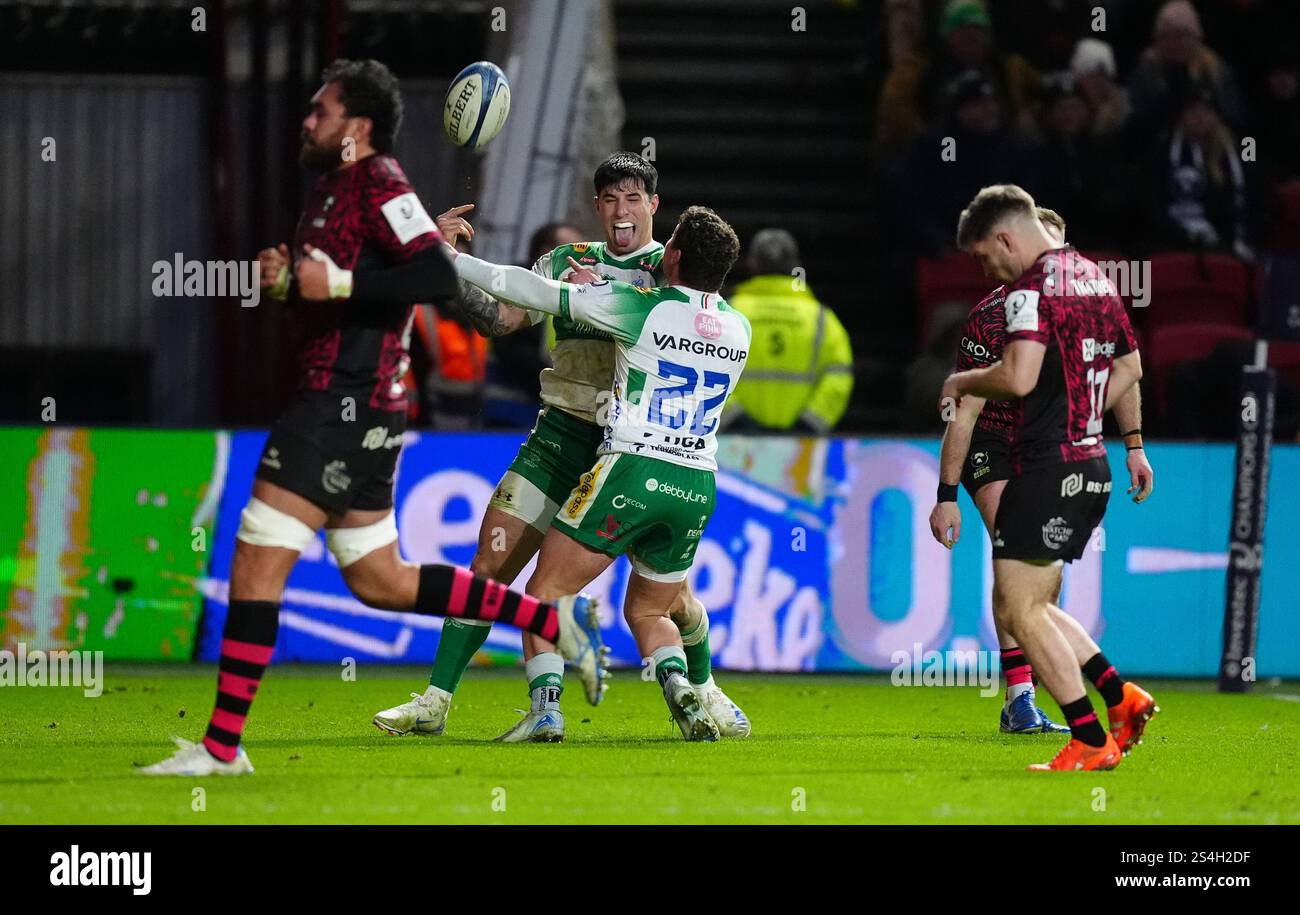 Benetton's Tommaso Menoncello celebrates scoring a try during the ...