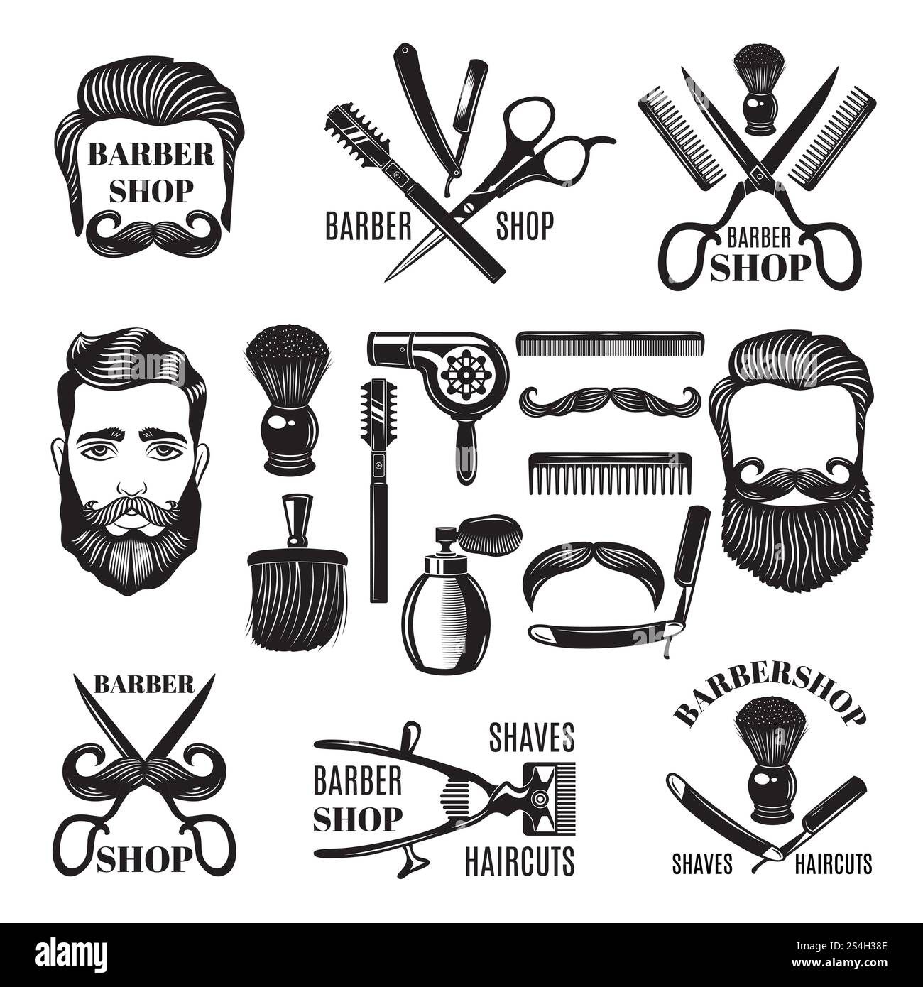 Monochrome pictures of barber shop tools. Vector illustrations for ...