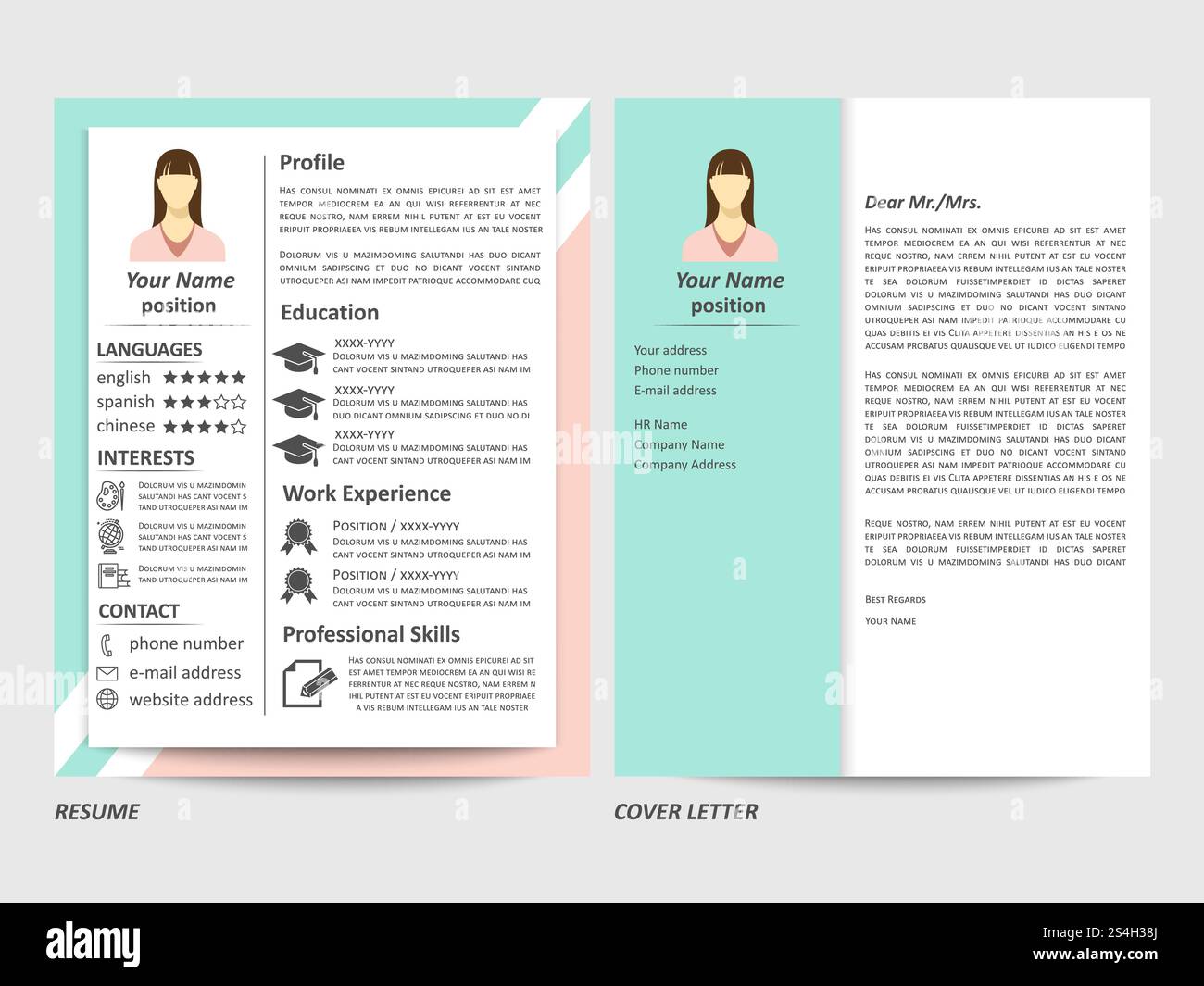 Modern style female resume and cover letter template. Vector ...