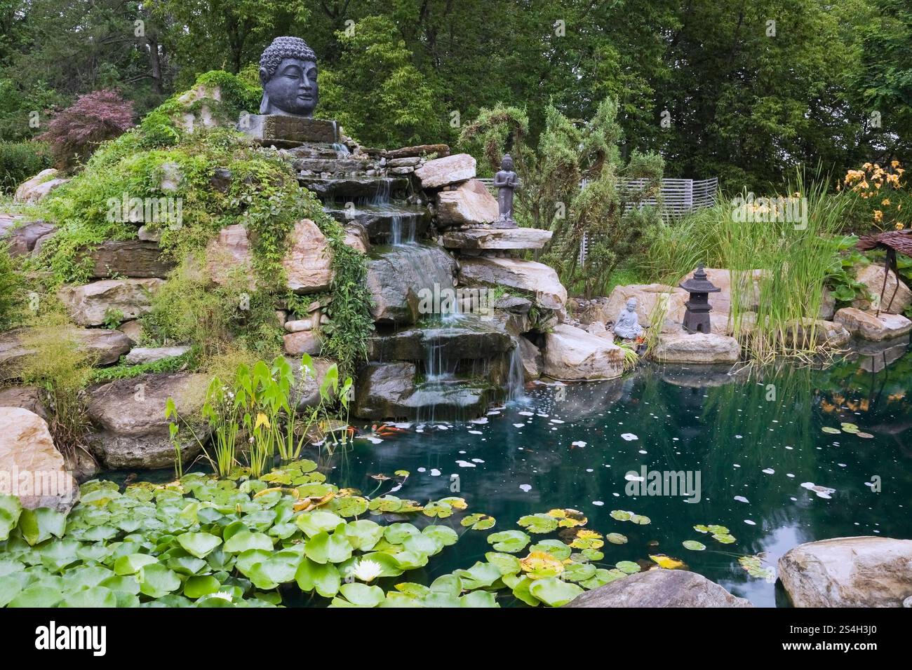 Sculptured buddha head on top of cascading waterfall with Carassius ...