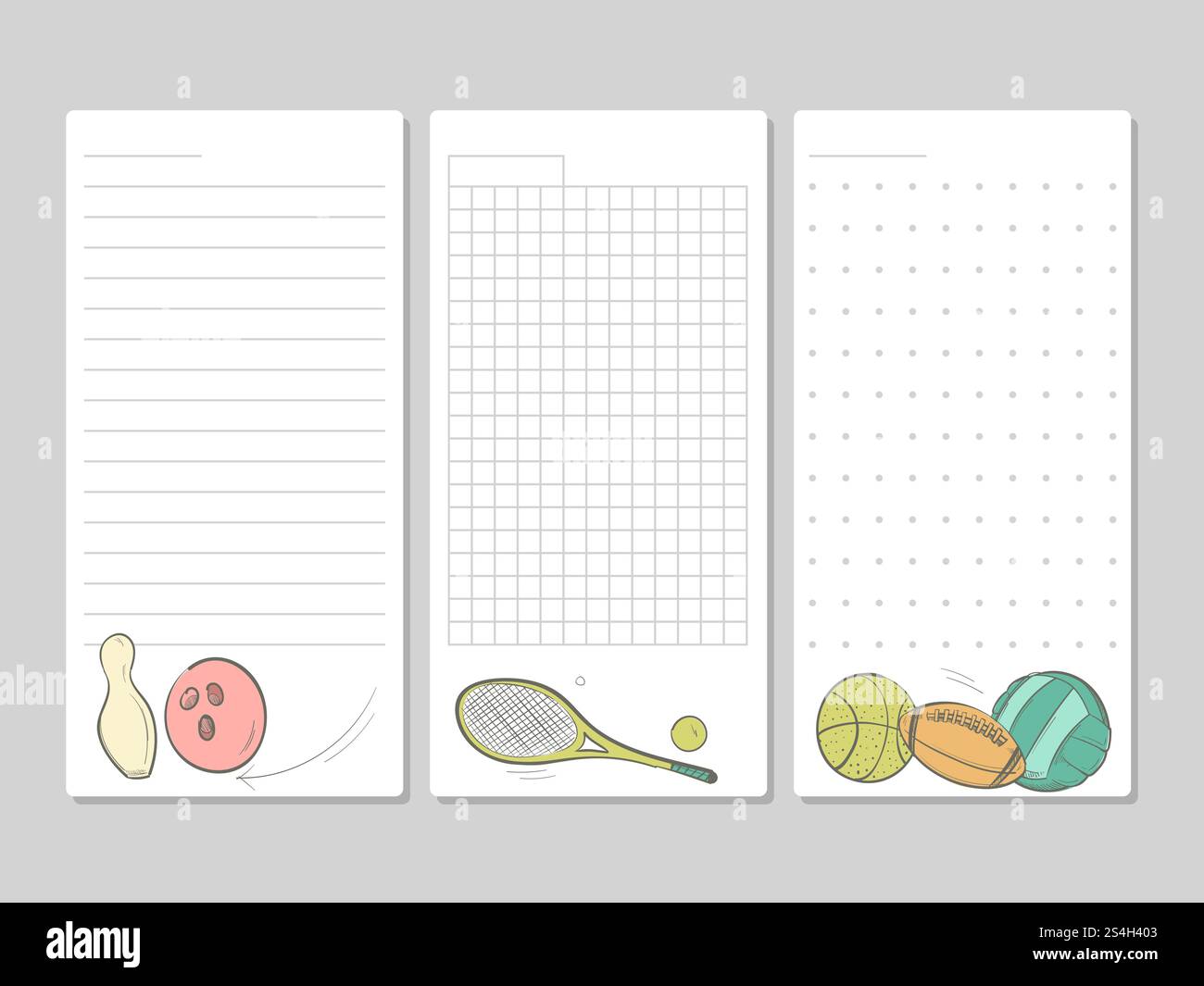 Lined pages for notes, memo or to do lists with doodle sport equipment ...