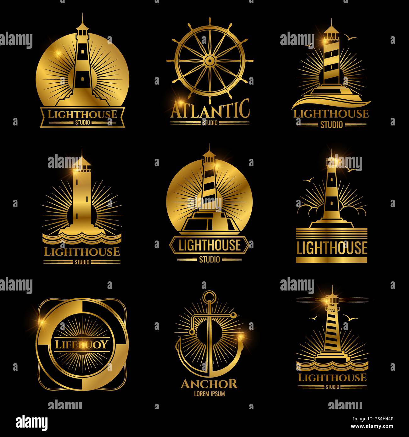Vintage nautical golden labels with light house, sea boat and anchors ...