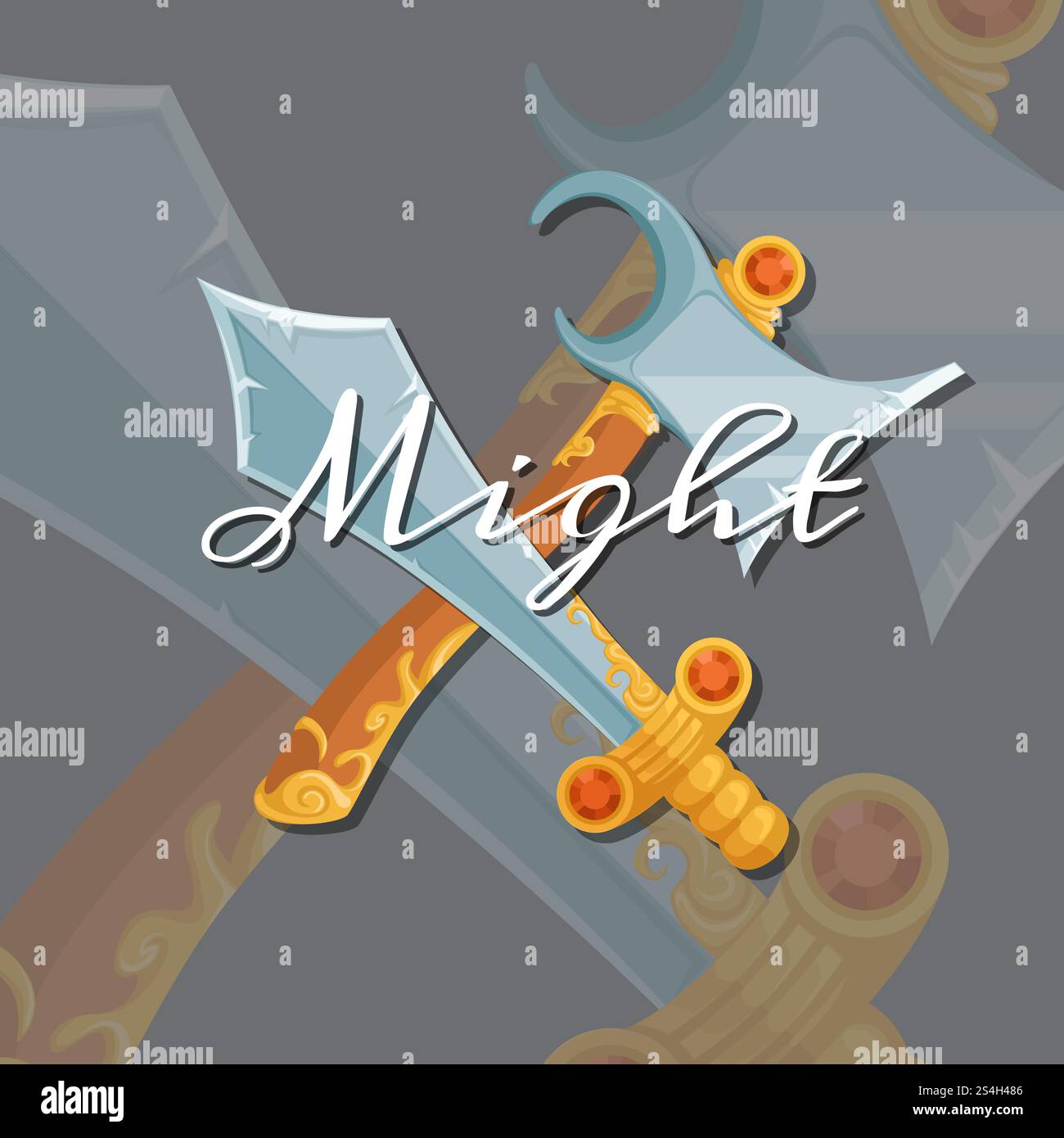 Vector fantasy cartoon style game design medieval crossed axe and sword elements with lettering ...