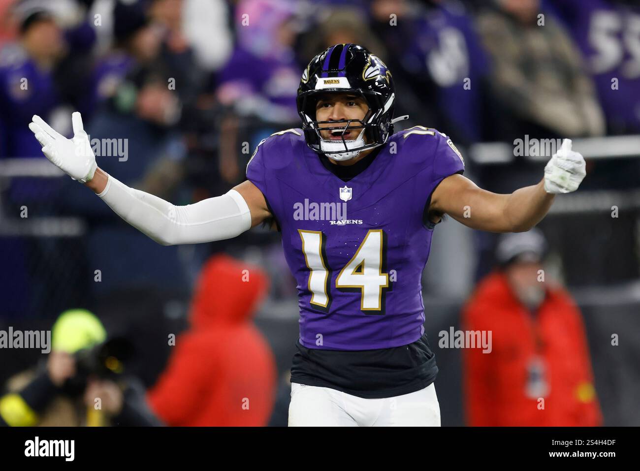 January 11, 2025: Baltimore Ravens safety Kyle Hamilton (14) reacts to ...