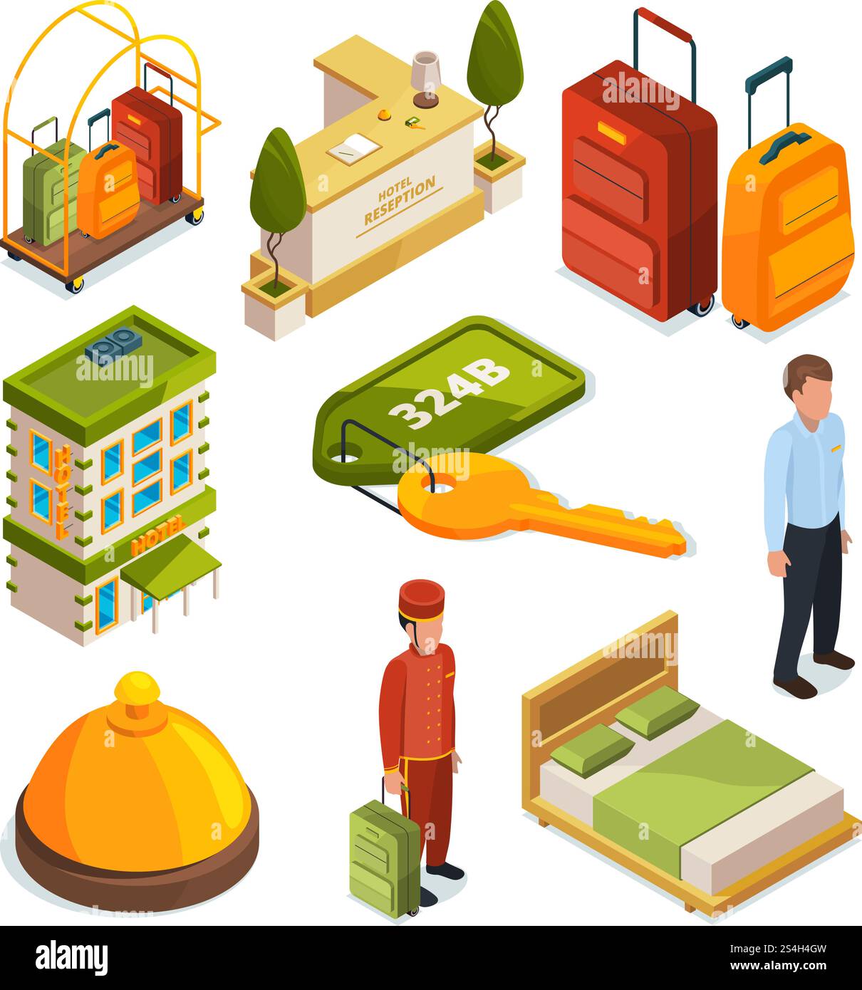 Icons set of hotel services. Isometric illustrations of reception ...