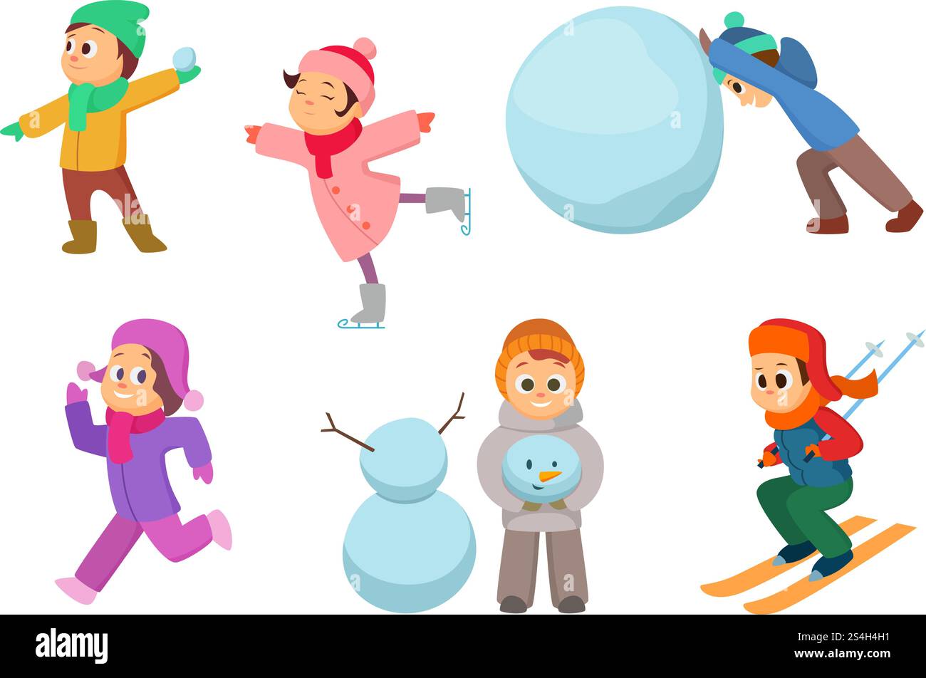 Kids playing in winter games. Different childrens in action poses. Boy ...