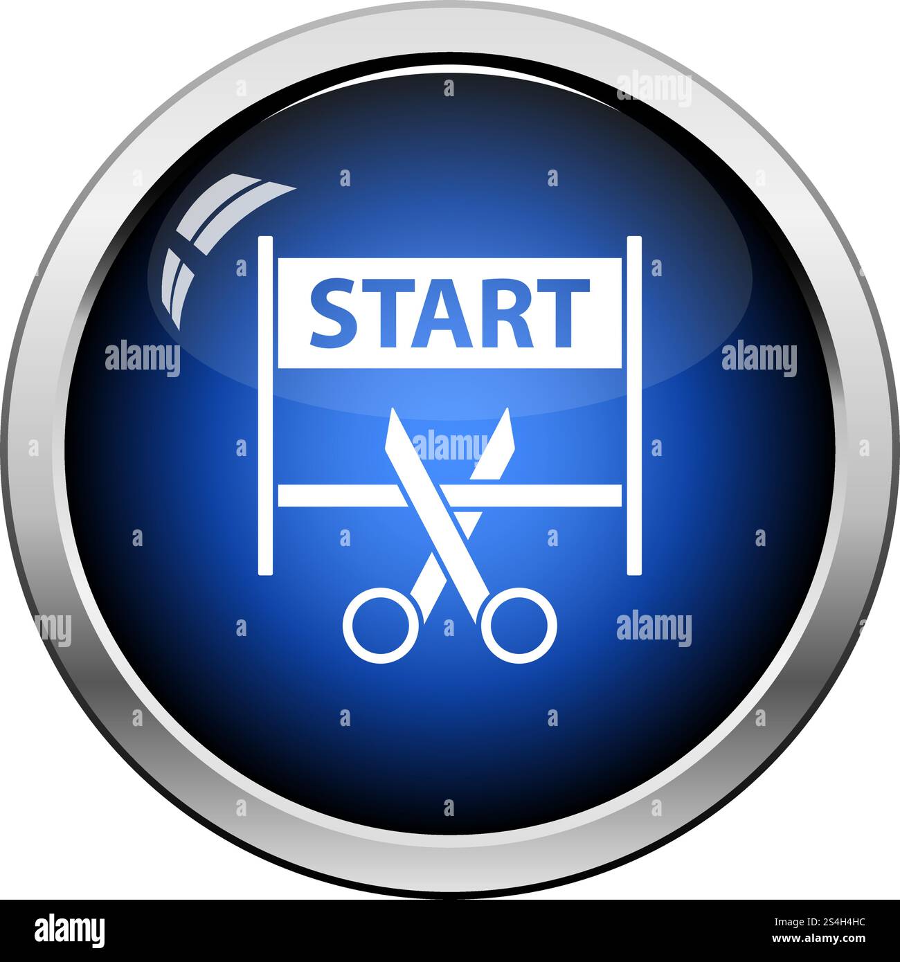 Scissors Cutting Tape Between Start Gate Icon. Glossy Button Design. Vector Illustration Stock ...