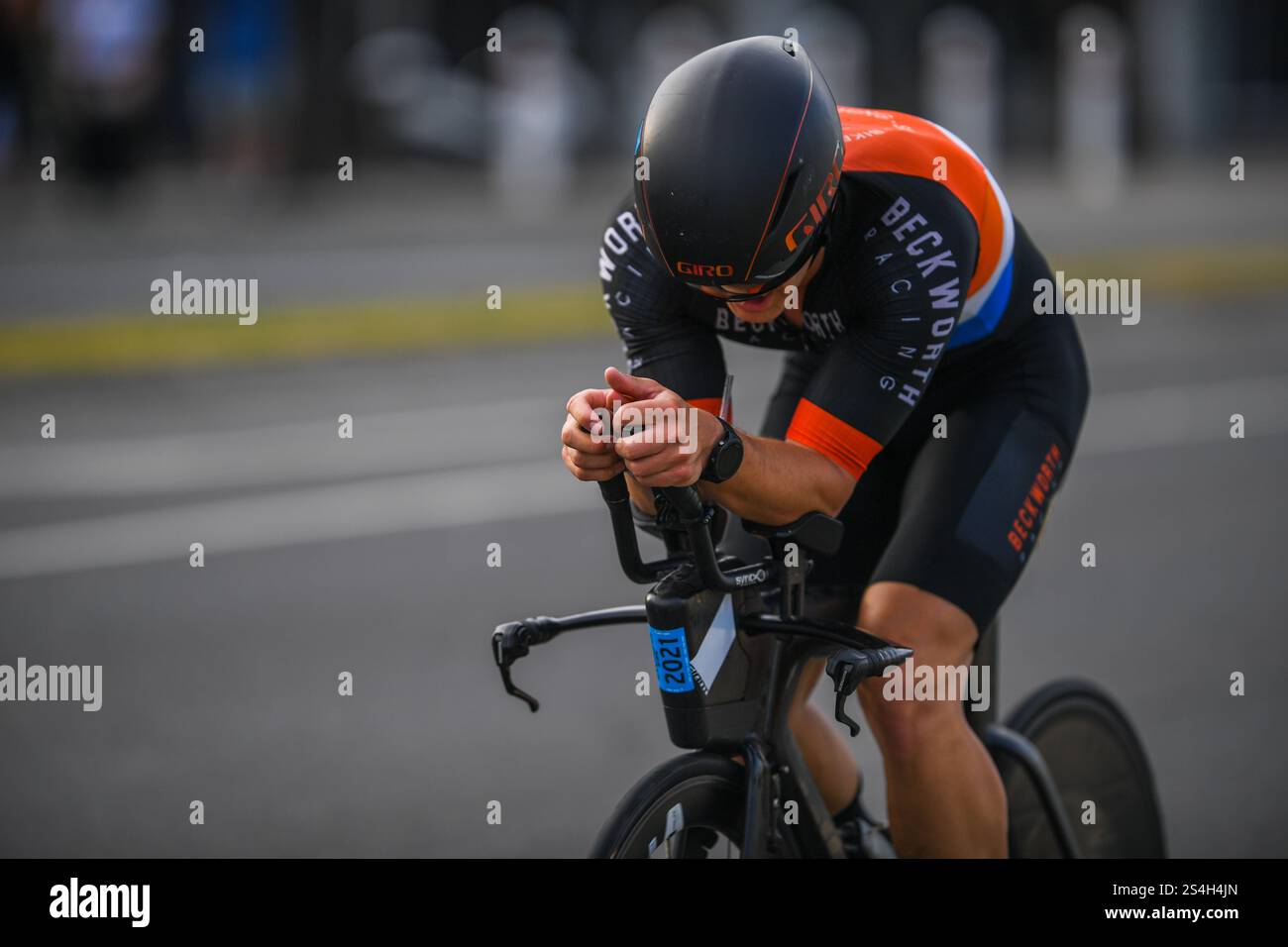 Melbourne, Australia. 12th Jan, 2025. Lachlan Wright is seen cycling ...