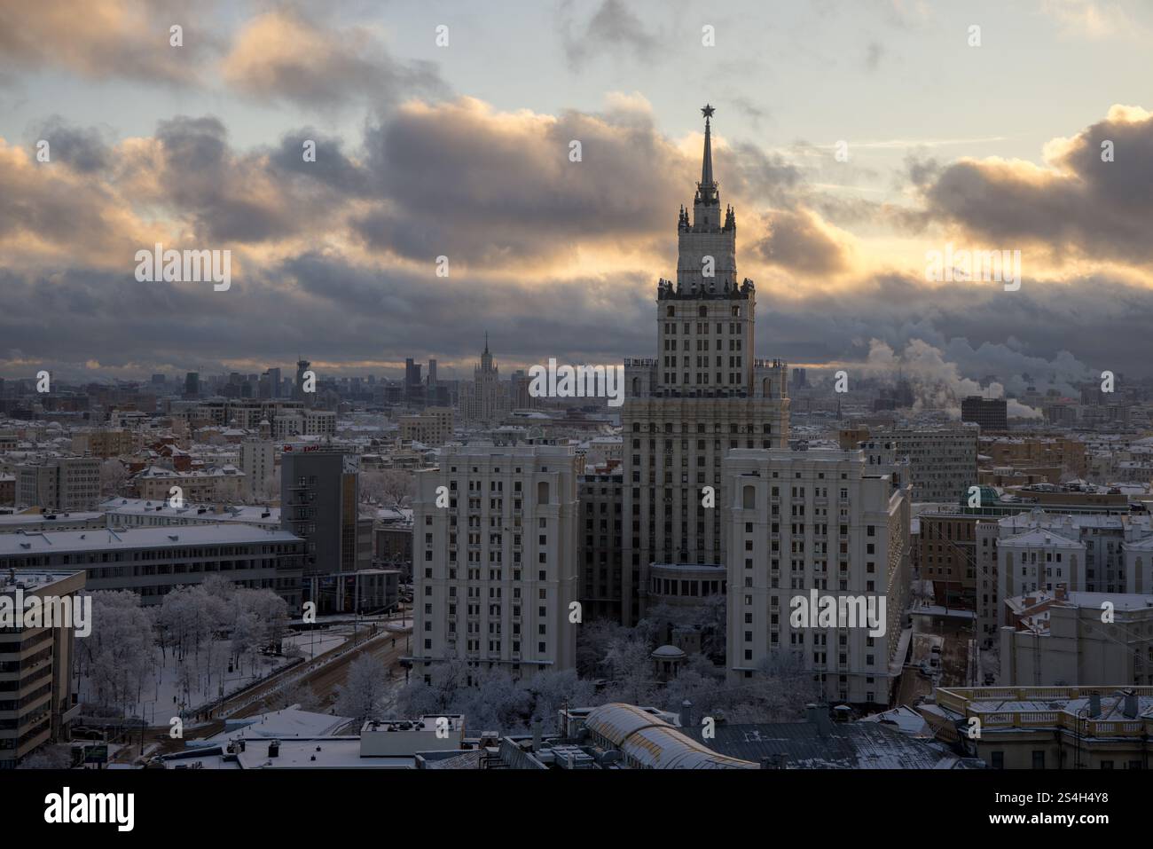 Aerial city view at sunset showing towers skyscrapers highrises of ...