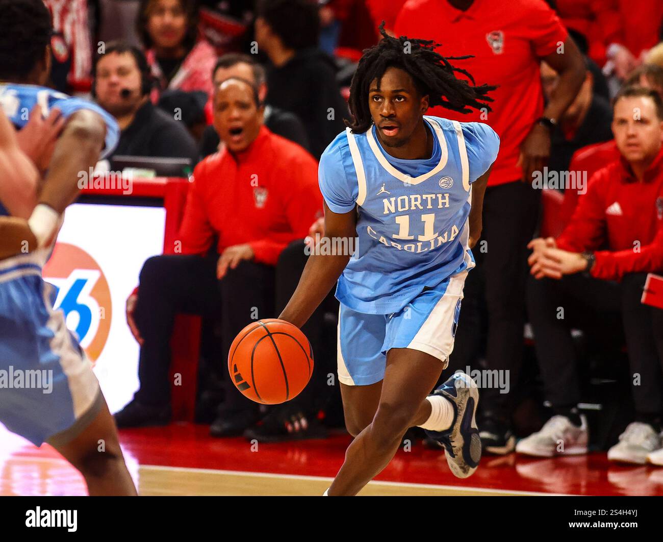 January 12, 2025: North Carolina freshman Ian Jackson (11) drives to ...