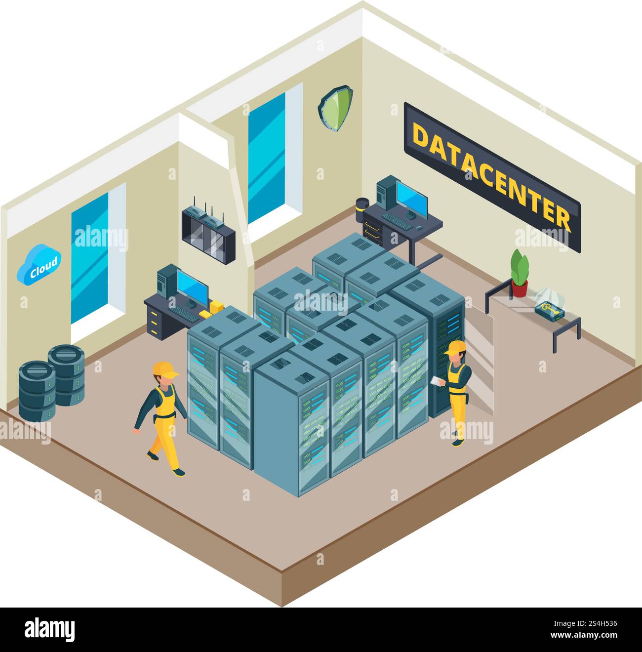 Isometric picture of interior of datacenter with specific equipment ...