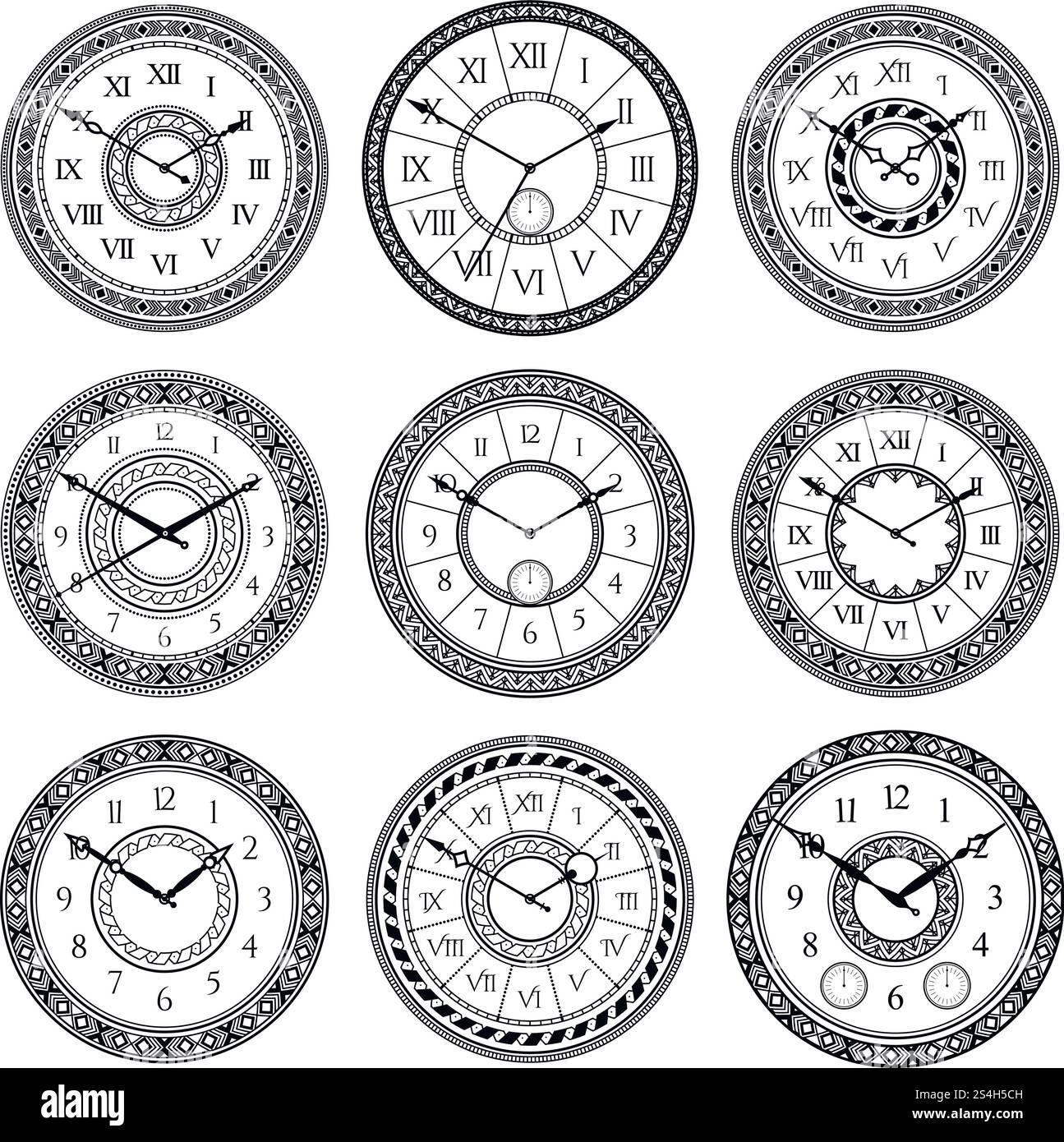 Vector set of vintage clocks. Monochrome pictures isolate. Symbols of ...