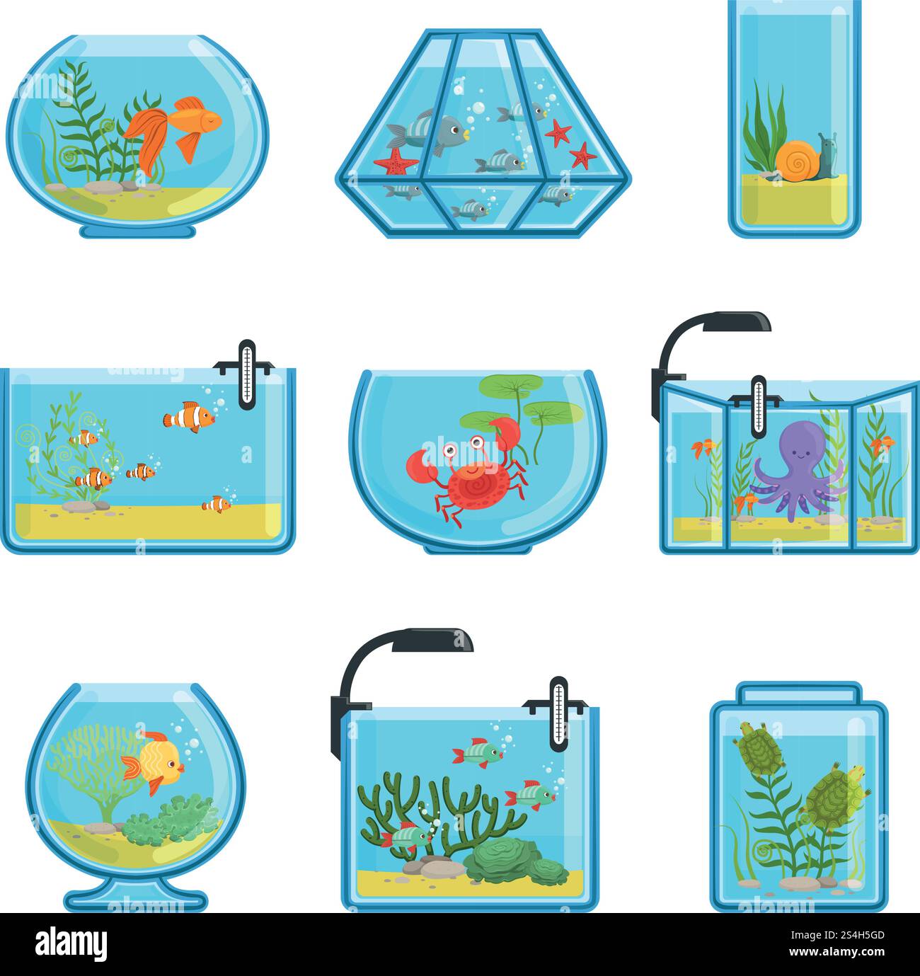 Illustrations set of different aquariums with fishes and saltwater ...