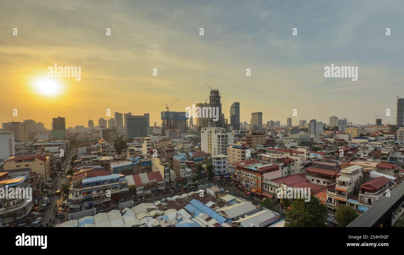 Phnom Penh skyline, views across this beautiful Asian city in Cambodia at sunset from hotel ...