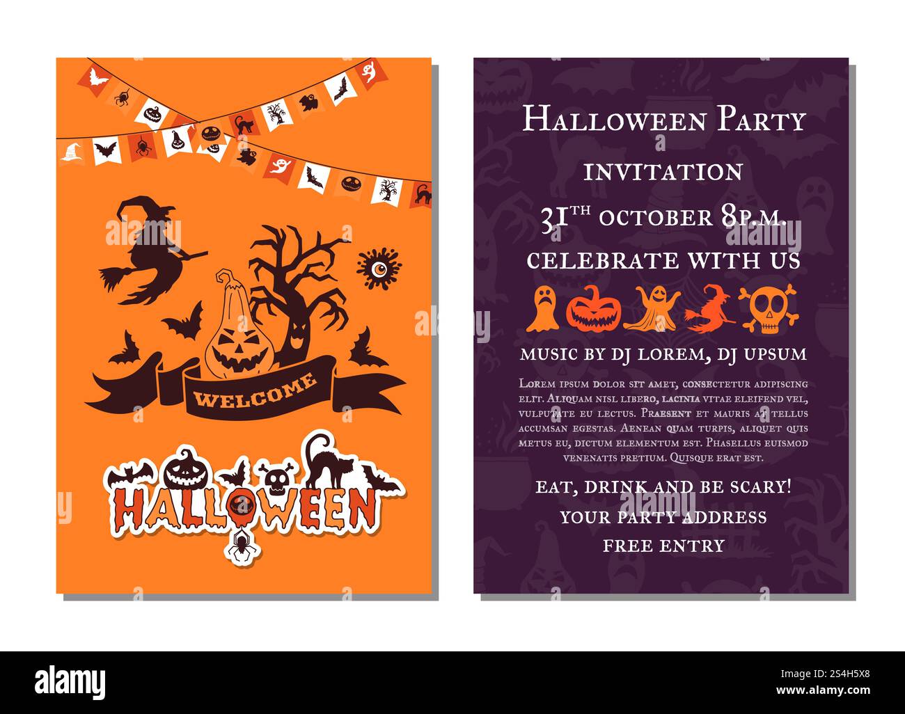 Vector halloween party invitation card template with creepy witches ...