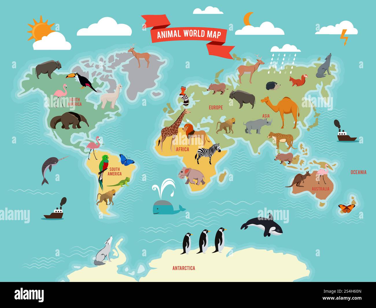 Illustration of wildlife animals on the world map. Vector illustrations ...