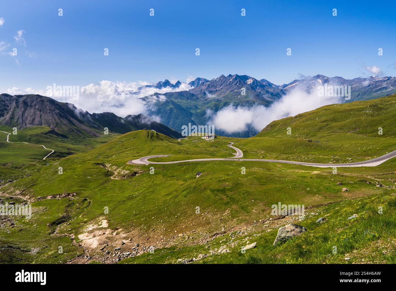 Beautiful view of winding Hochalpenstrasse road in Austria. serpentine ...