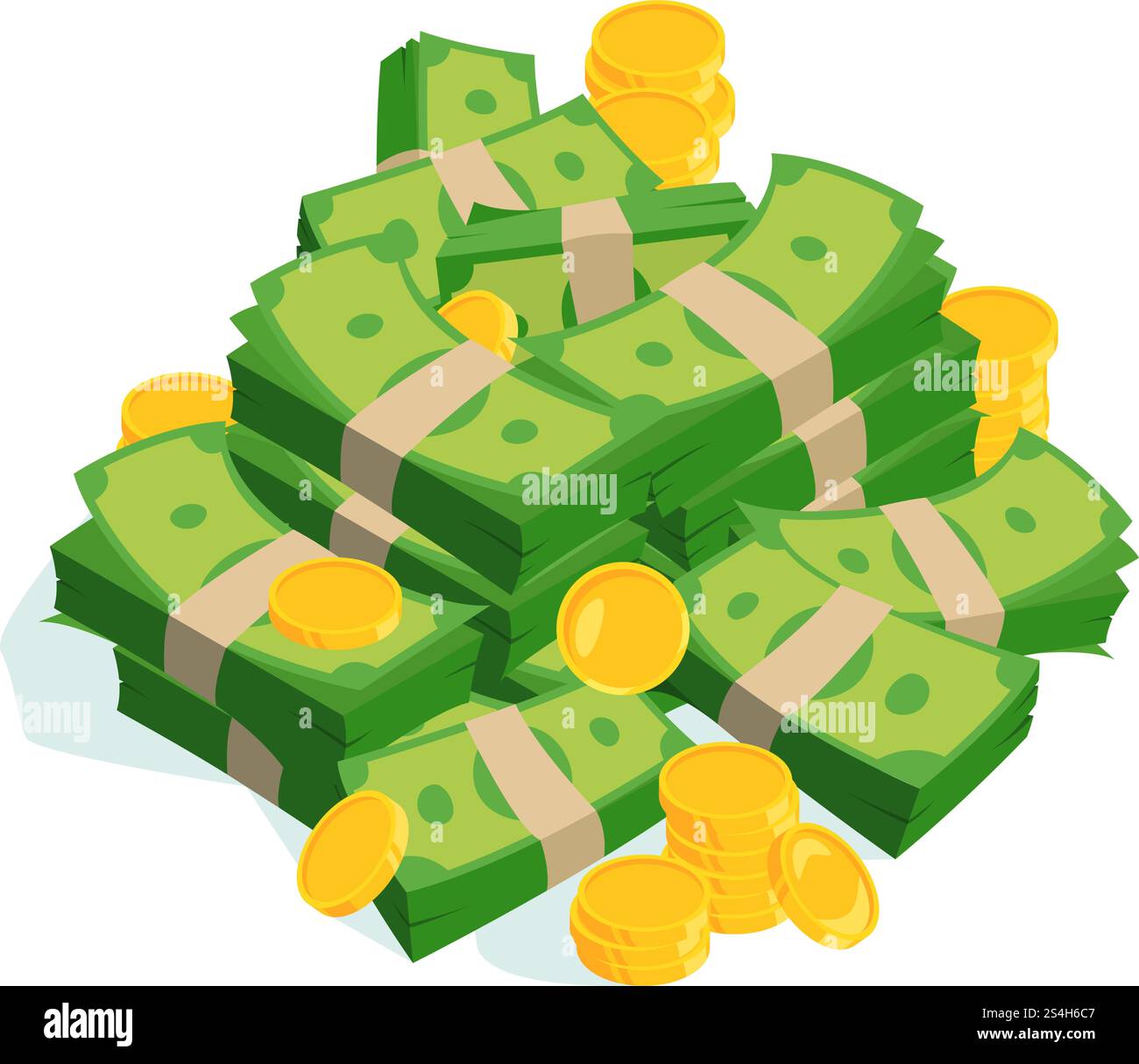 Very large bundles of money and coins. Vector isolated on white. Cash ...