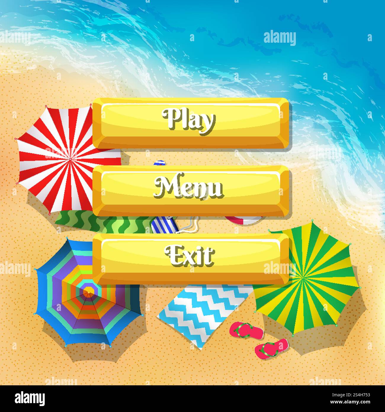 Vector cartoon style buttons with text for game design on beach ...