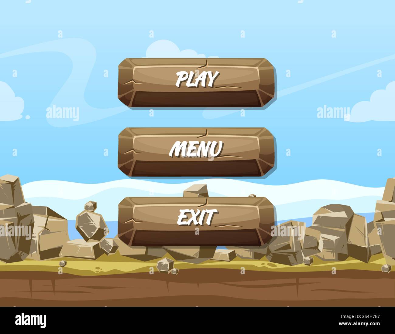 Vector cartoon style stone buttons with text for game design on rocks ...