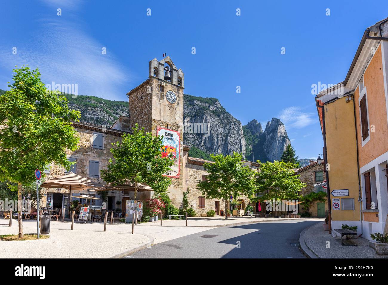 Clock tower in Saou, Drôme, southeastern France, door of Provence. The ...