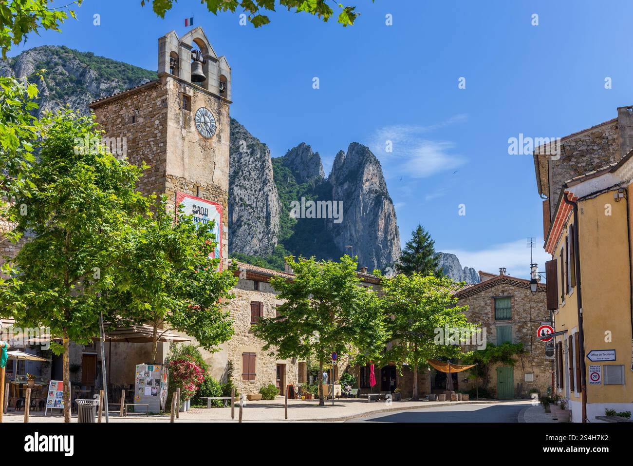 Clock tower in Saou, Drôme, southeastern France, door of Provence. The ...