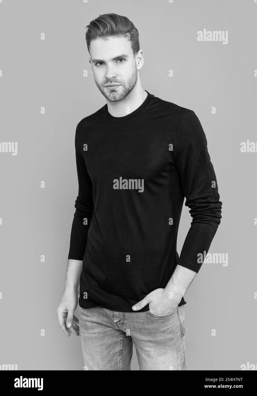 guy with stubble in studio. guy with stubble isolated on grey ...